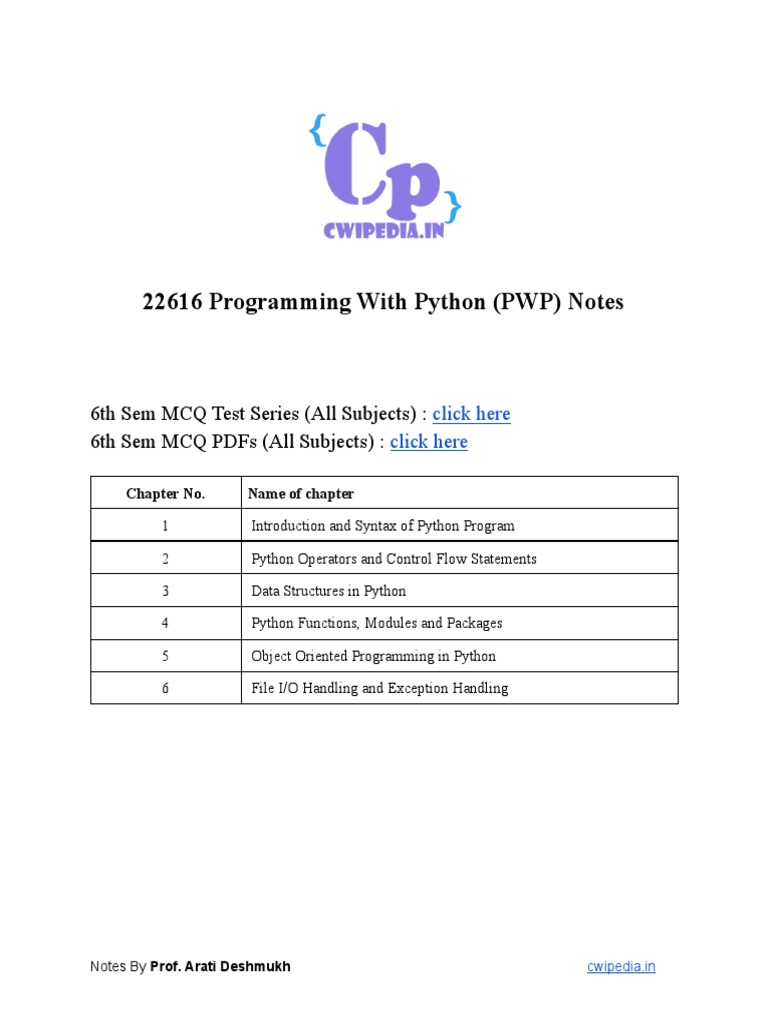 PWP Notes (Chapter Wise) | PDF | Control Flow | Python (Programming ...