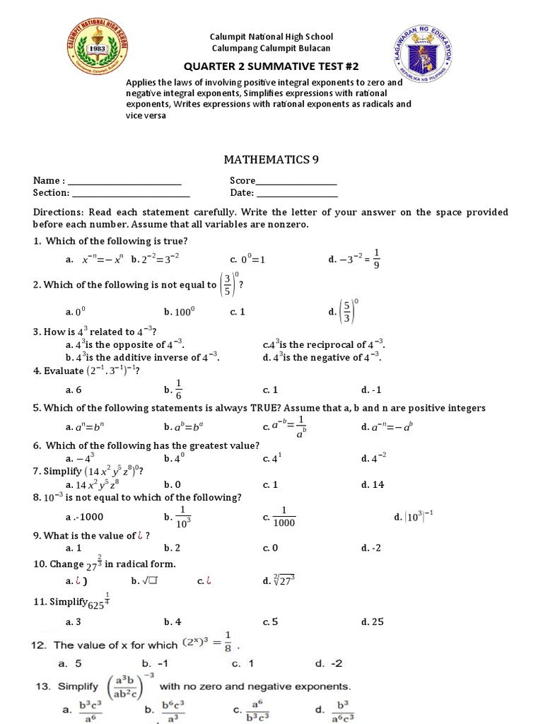 Quarter 2 Summative Test #2: Mathematics 9 | PDF | Exponentiation ...