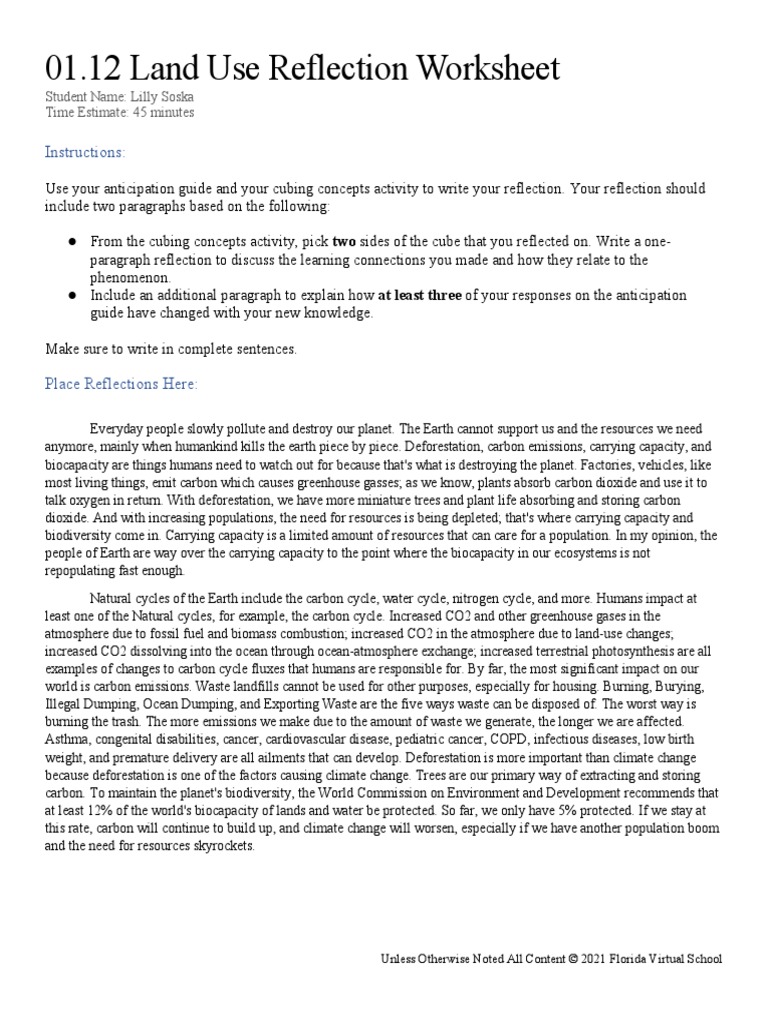 01.12 Land Use Reflection Worksheet: Instructions | PDF | Carbon Cycle ...