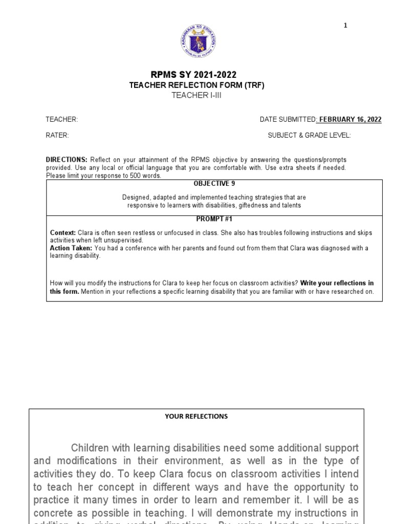 RPMS SY 2021-2022: Teacher Reflection Form (TRF) | PDF