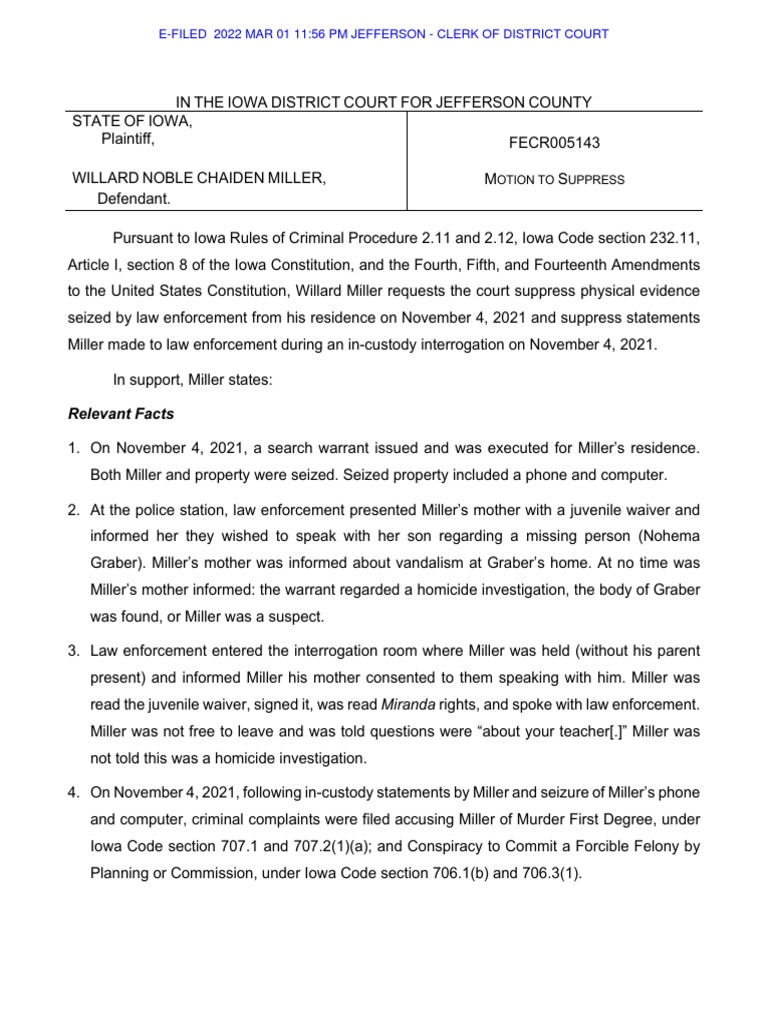 Motion To Suppress Final - Miller | PDF | Law