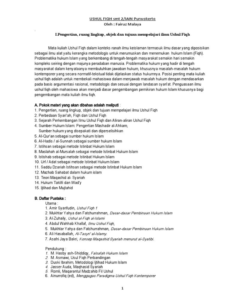 Pengertian, Ruang Lingkup, Objek Dan Tujuan Mempelajari Ilmu Ushul Fiqh | PDF
