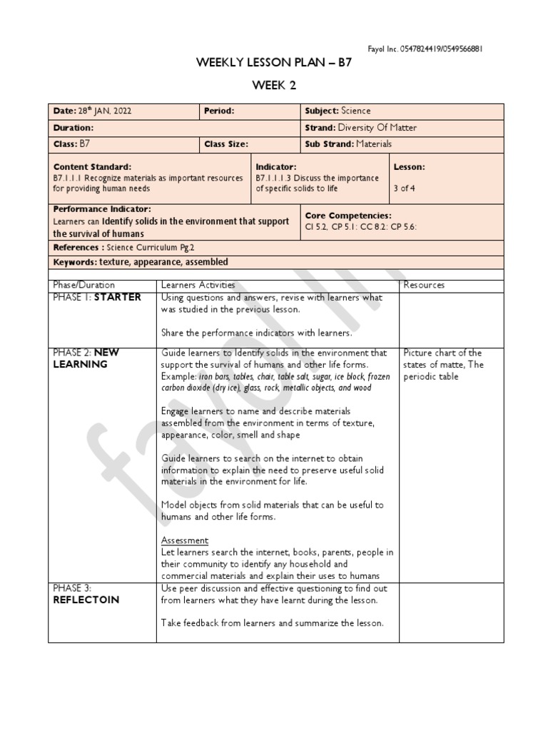 Weekly Lesson Plan - B7 Week 2 | PDF | Chemical Elements | Periodic Table