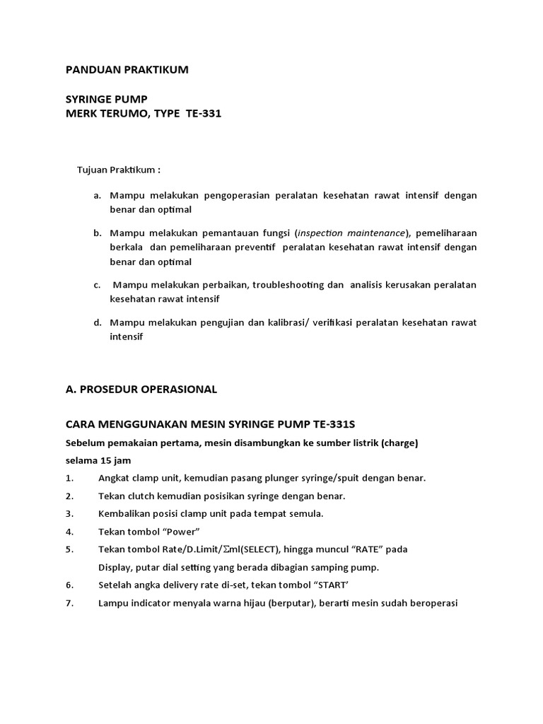 Panduan Praktikum Syringe Pump Terumo TE-331 | PDF