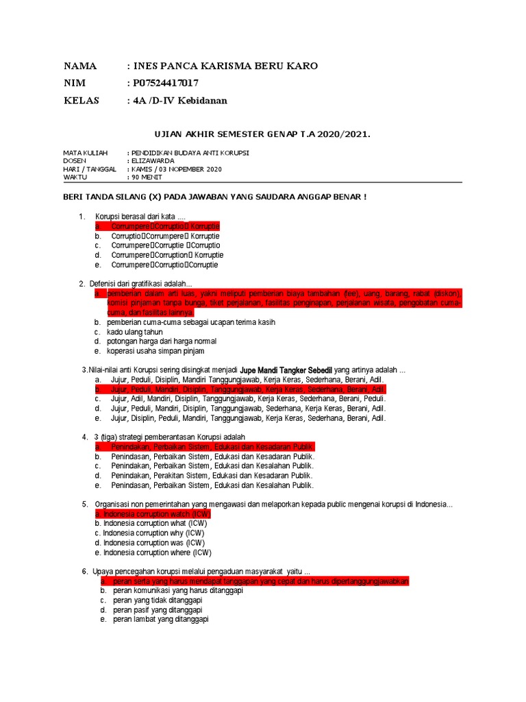 Jawaban Ujian Akhir Semester Genap Bidan 2020 Ines | PDF
