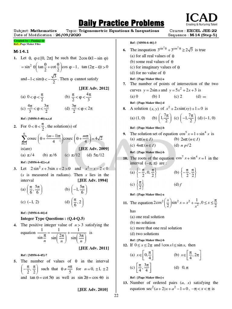 Daily Trigonometric Equations & Inequations Practice Problems | PDF ...