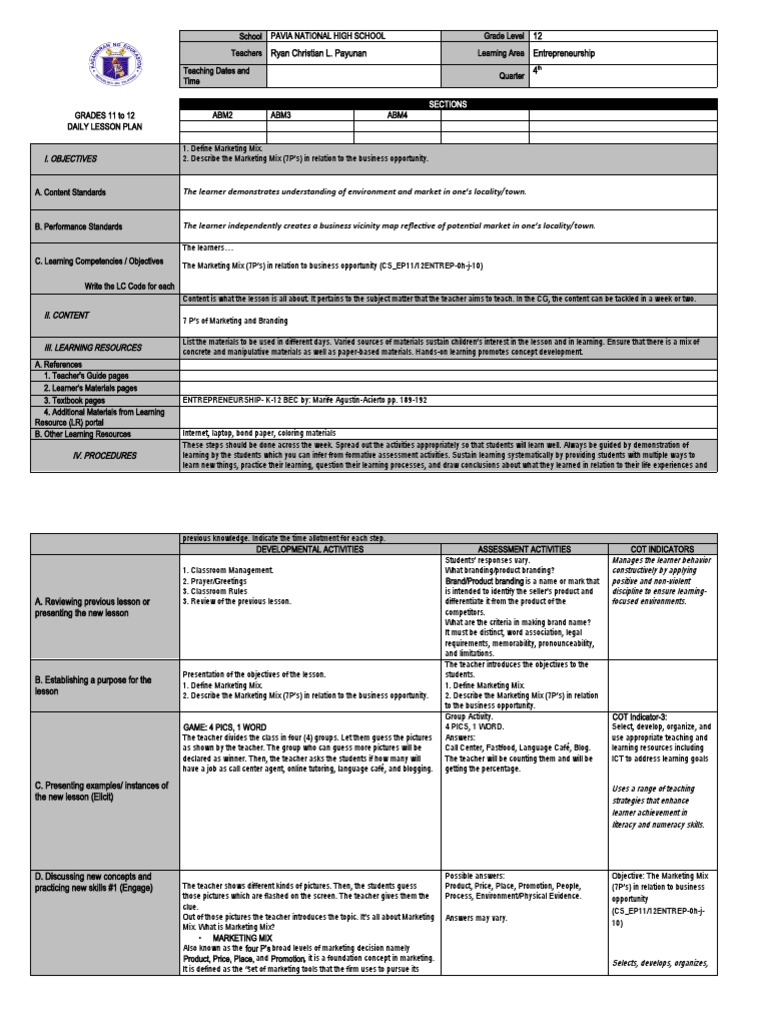 Entrepreneurship Lesson Plan Grade 12 | PDF | Teachers | Marketing