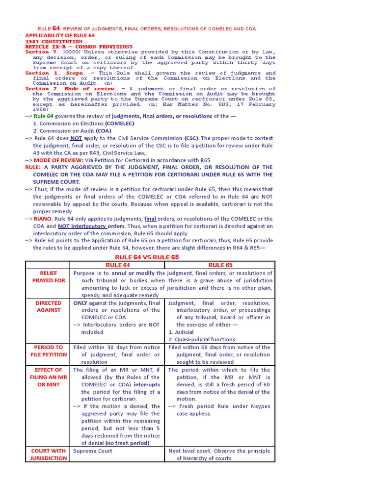 Rule 64: COMELEC and COA Review Process | PDF | Certiorari | Judgment (Law)