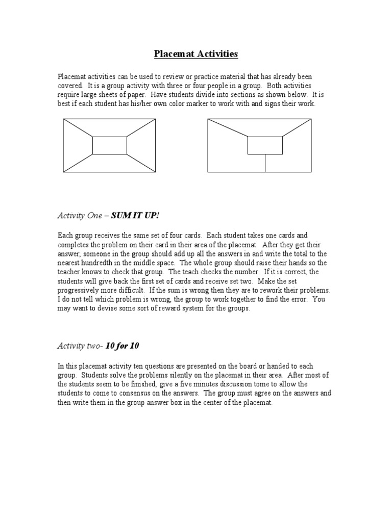 Placemat Activities: Activity One - SUM IT UP! | PDF | Mathematics ...