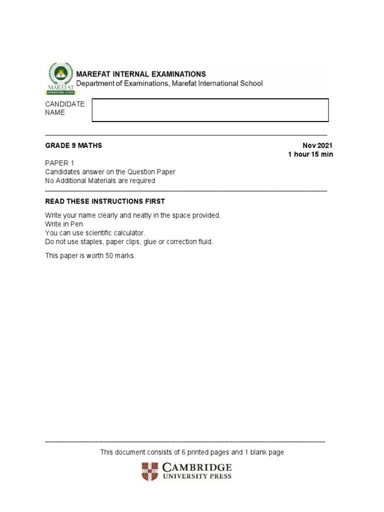 Term 1 - Paper 1 Grade 9 | PDF | Mathematical Analysis | Applied ...
