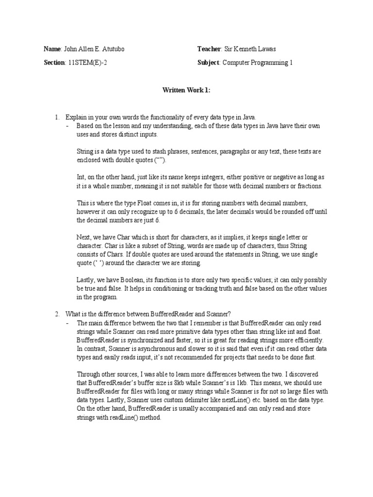 Atutubo Written Work #1 ComProg | PDF | Data Type | Computing