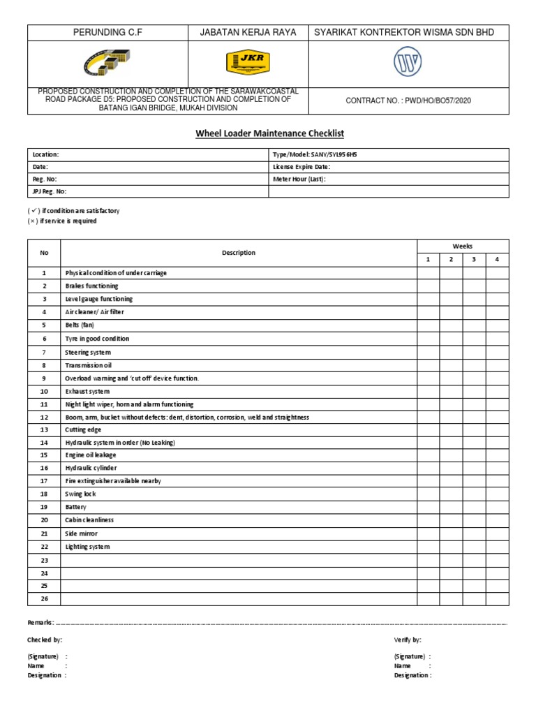 Wheel Loader Maintenance Checklist | PDF | Car | Vehicles