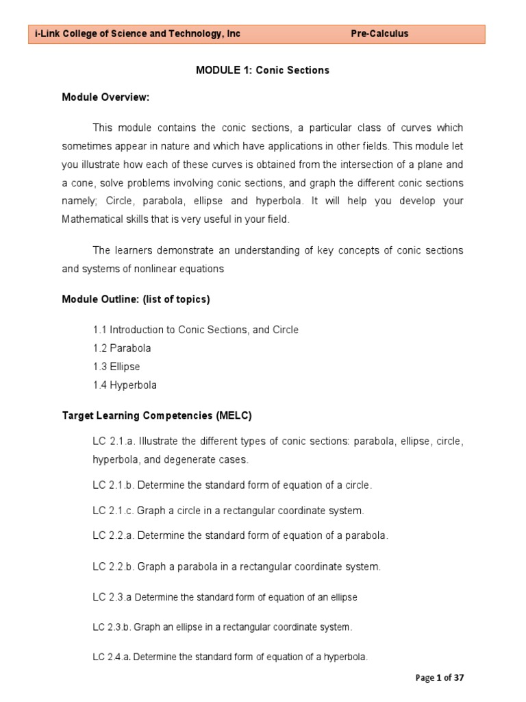 MODULE 1: Conic Sections Module Overview | PDF | Ellipse | Differential ...