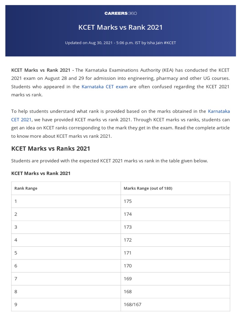 KCET Marks Vs Ranks 2021 | PDF | Educational Assessment And Evaluation ...