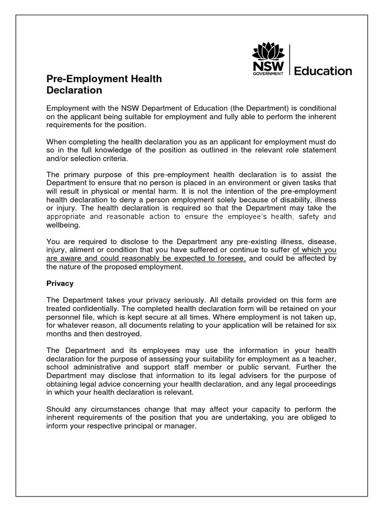 Pre-Employment Health Declaration Form | PDF | Employment | Privacy