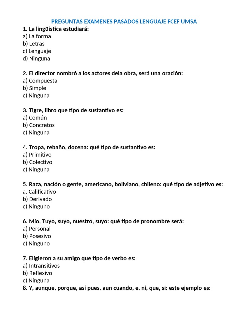 Preguntas Examenes Pasados Lenguaje Fcef Umsa | PDF | Comunicación | Palabra