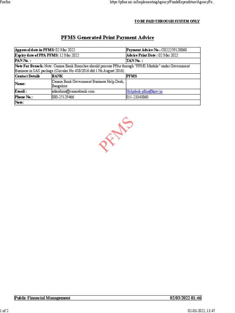 PFMS Generated Print Payment Advice: Helpdesk-Pfms@gov - in | PDF ...