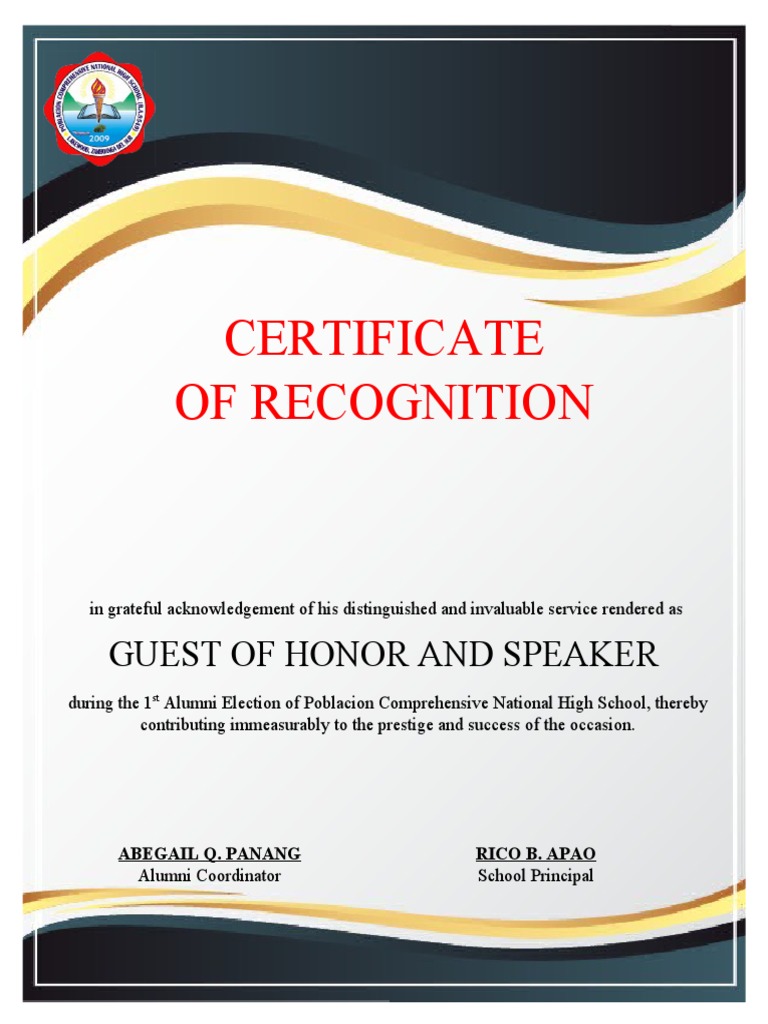 Certificate of Recognition For Guest of Honor and Speaker Template 4 | PDF