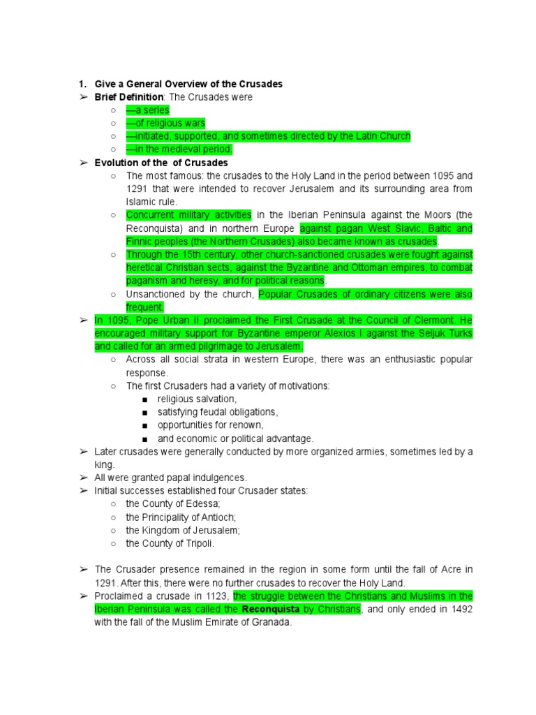 Exam Preparation Q and A THe Crusades | PDF | Crusades | Middle Ages