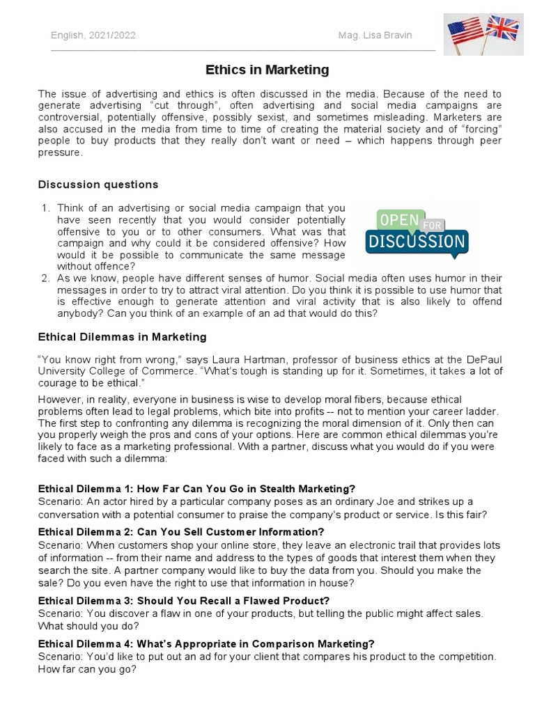 Ethics in Marketing: Discussion Questions | PDF | Marketing | Advertising