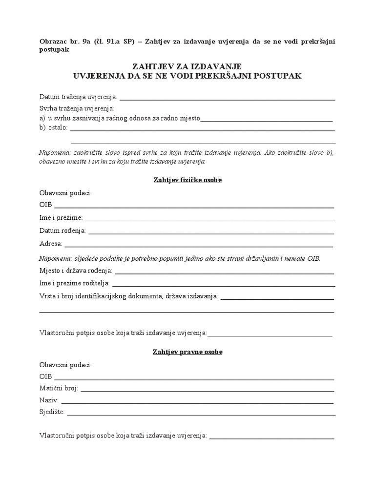 Obrazac Br. 9a - Zahtjev Za Izdavanje Uvjerenja Da Se Ne Vodi ...