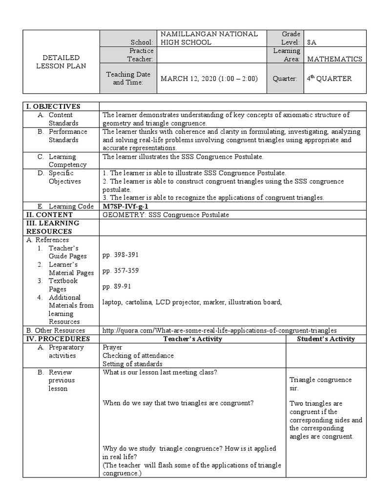 Sample Detailed Lesson Plan Math | Download Free PDF | Cognition | Learning