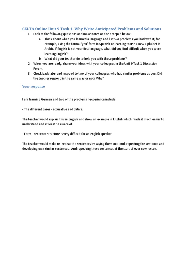 CELTA Online Unit 9 Task 1 - Why Write Anticipated Problems and Solutions | PDF | Career ...