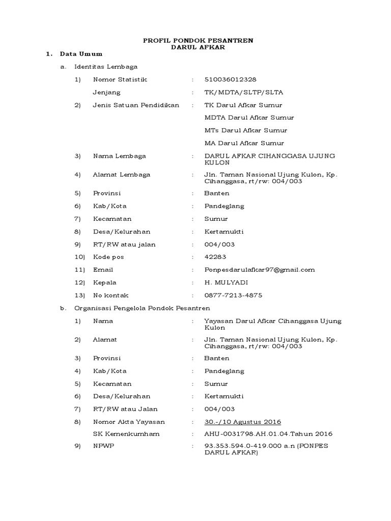Profil Pondok Pesantren Darul Afkar | PDF