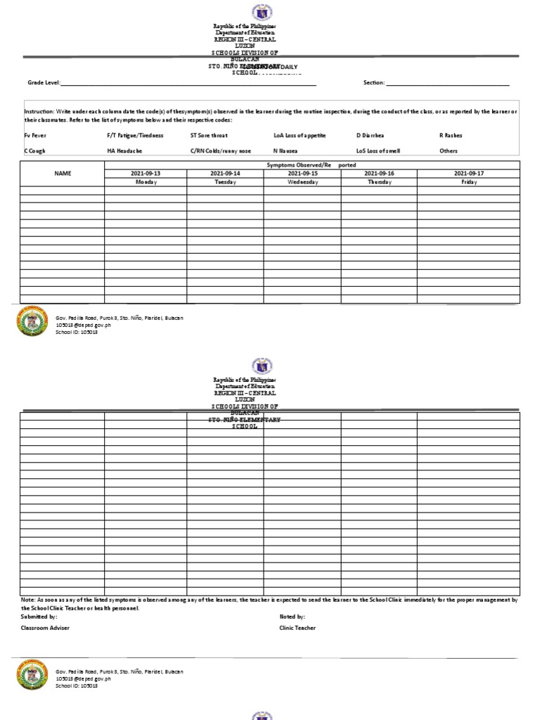 Classroom Daily Health Monitoring: Republic of The Philippines ...
