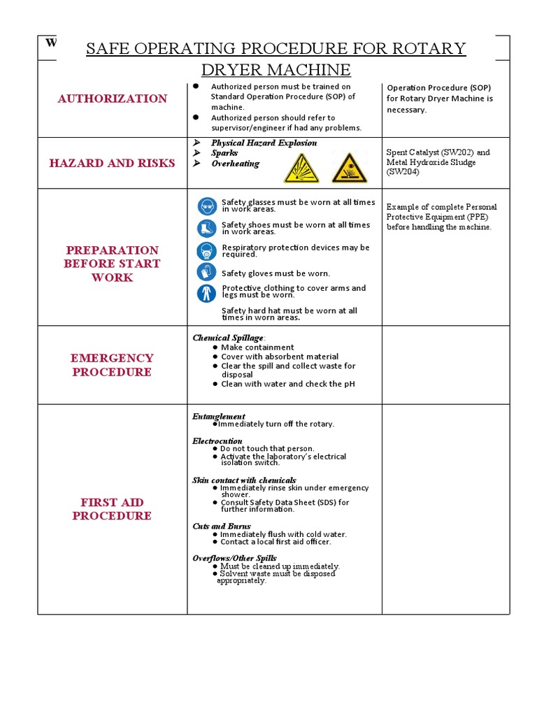 Safe Operating Procedure For Rotary Dryer Machine: Authorization | PDF ...