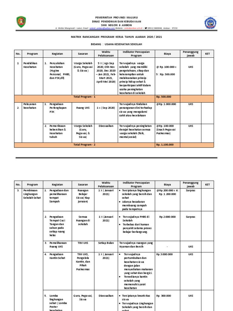 Matriks Program Kerja UKS 2020-2021 | PDF