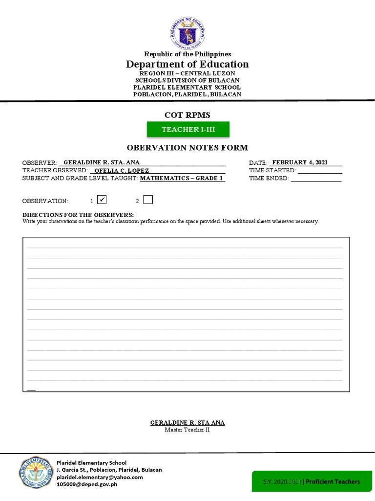 COT RPMS Observation Notes Form T I III | PDF