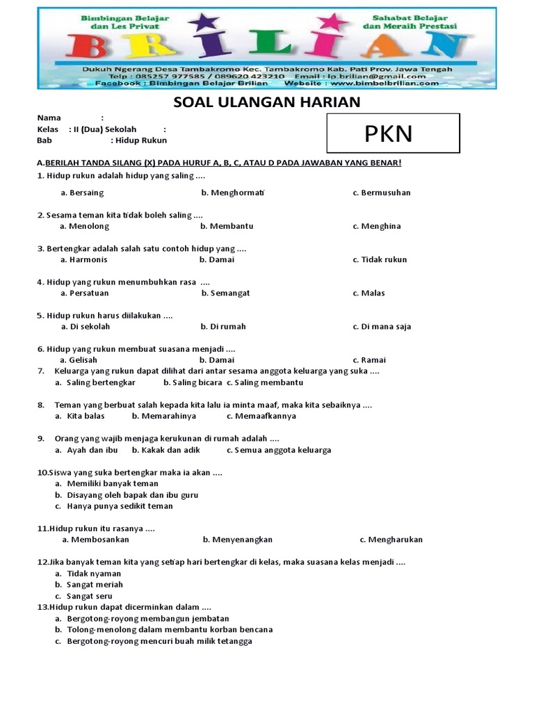 Soal PKN Kelas 2 SD Bab 1 Hidup Rukun Dan Kunci Jawaban WWW Bibelbrilian Com | PDF