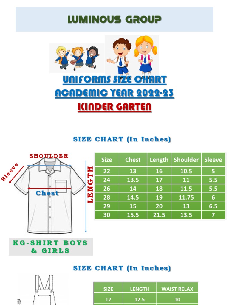 Lumious Group Uniform Size Chart for Kindergarten Academic Year 2022-23 ...