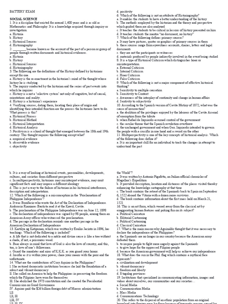 Social Science Battery Exam Questions | PDF | History