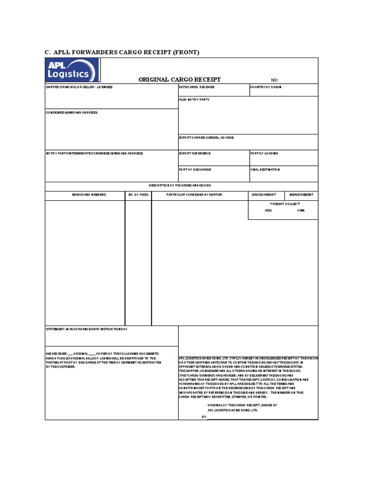 Forwarder Certificate of Receipt (FCR) | PDF | Cargo | Indemnity