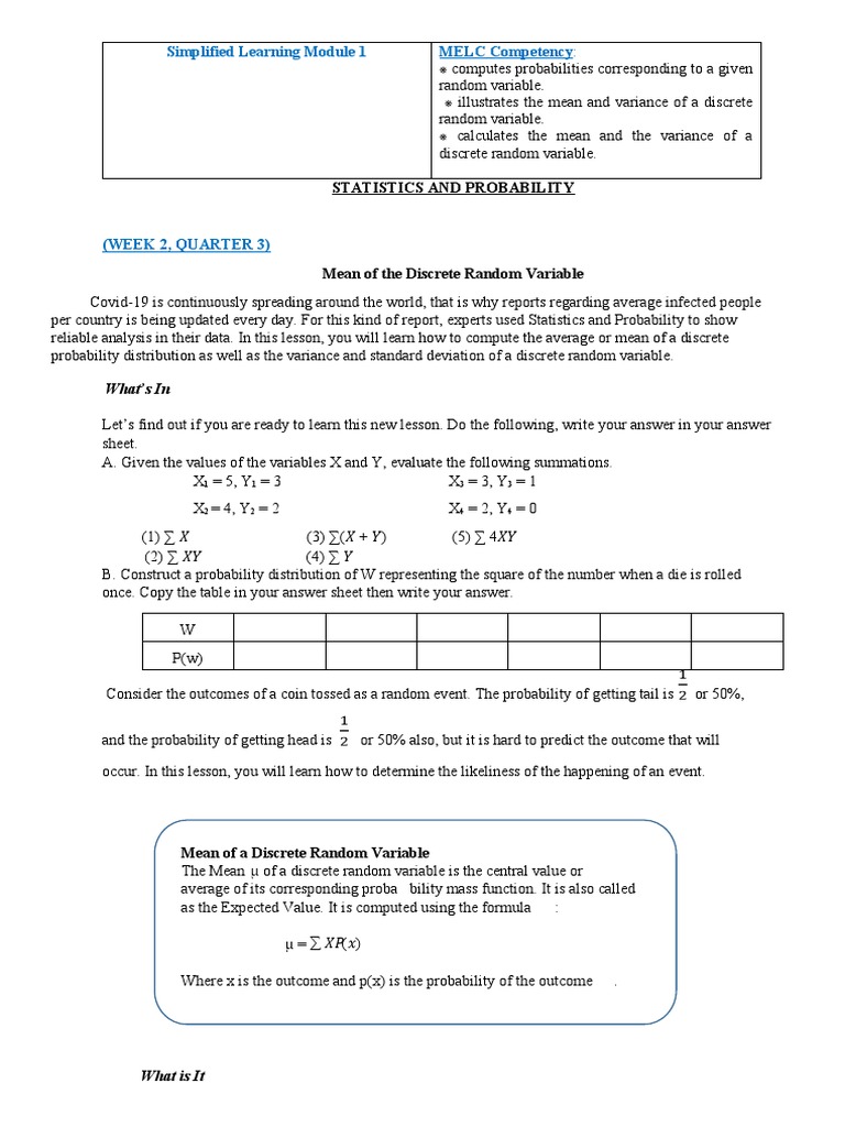 Week 2 Statistics & Probability | PDF | Variance | Probability Distribution