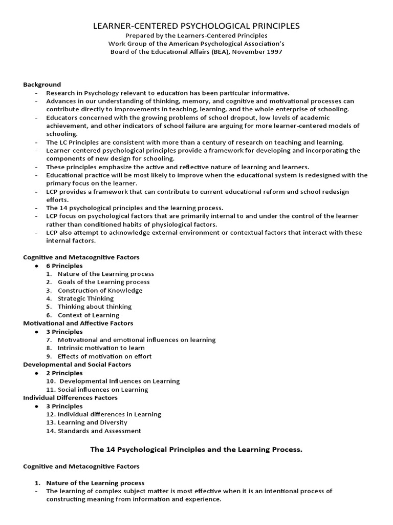 Learner-Centered Psychological Principles: Background | PDF | Learning ...