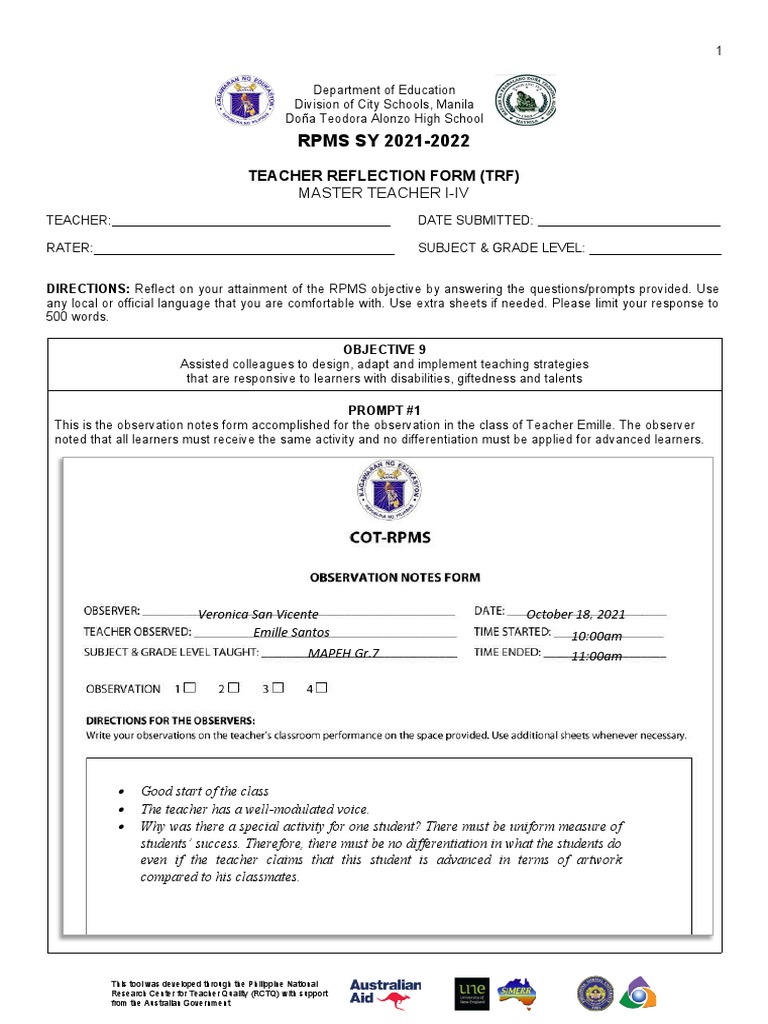 RPMS SY 2021-2022: Teacher Reflection Form (TRF) | PDF | Lesson Plan ...