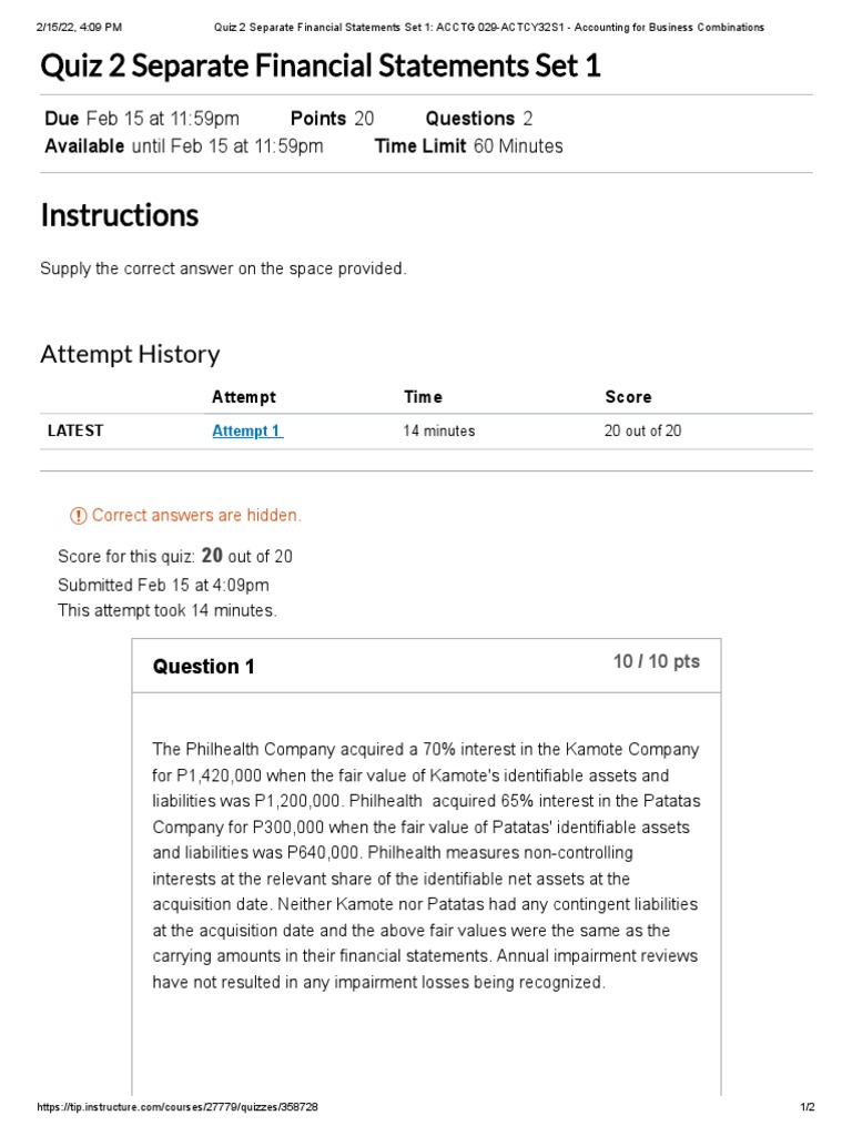 Quiz 2 Separate Financial Statements Set 1 Acctg 029 Actcy32s1