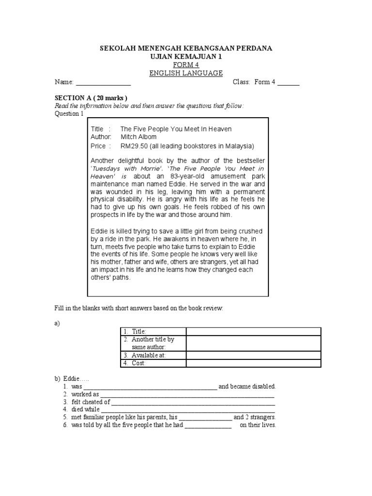 Form 4 English Language Name: - Class: Form 4 | PDF