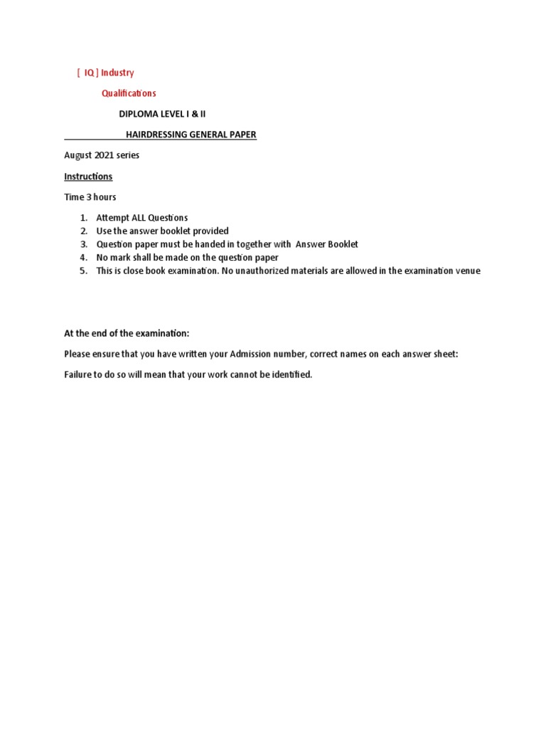 Hairdressing Exam Questions & Guidelines | PDF