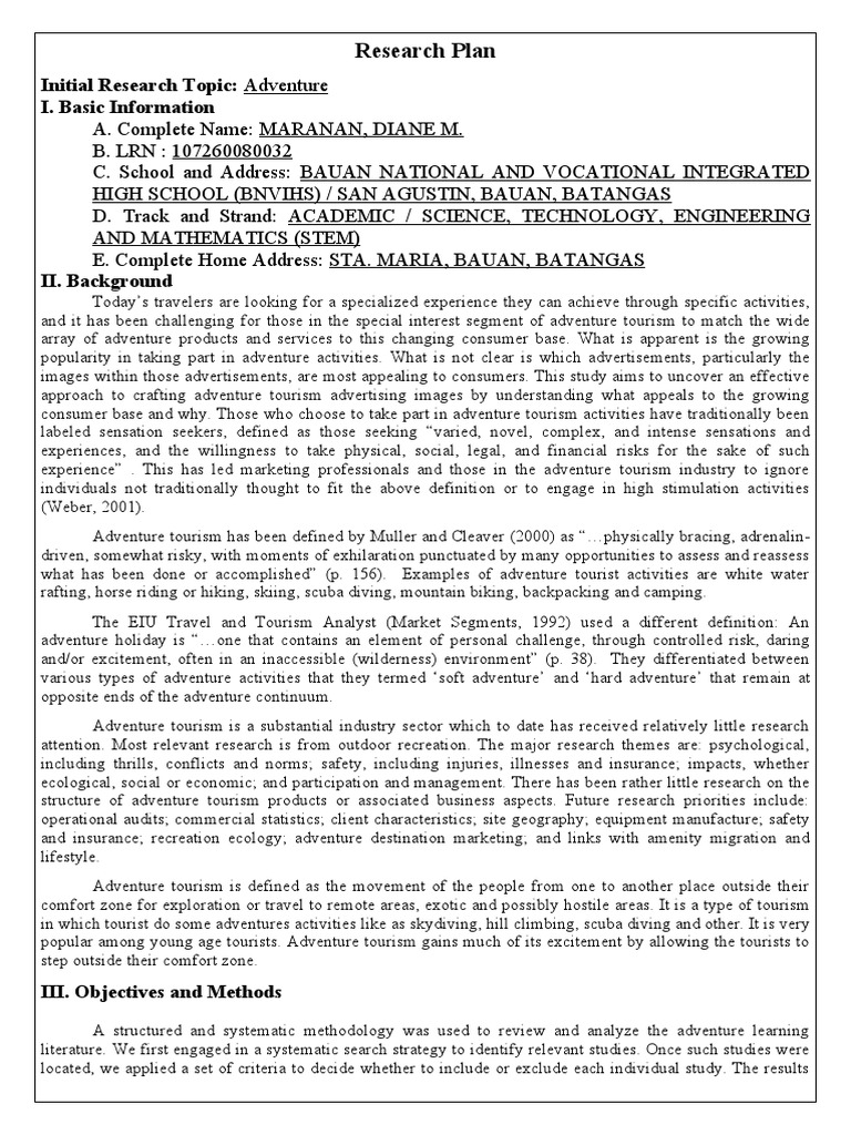 Research Plan: Initial Research Topic: Adventure I. Basic Information ...