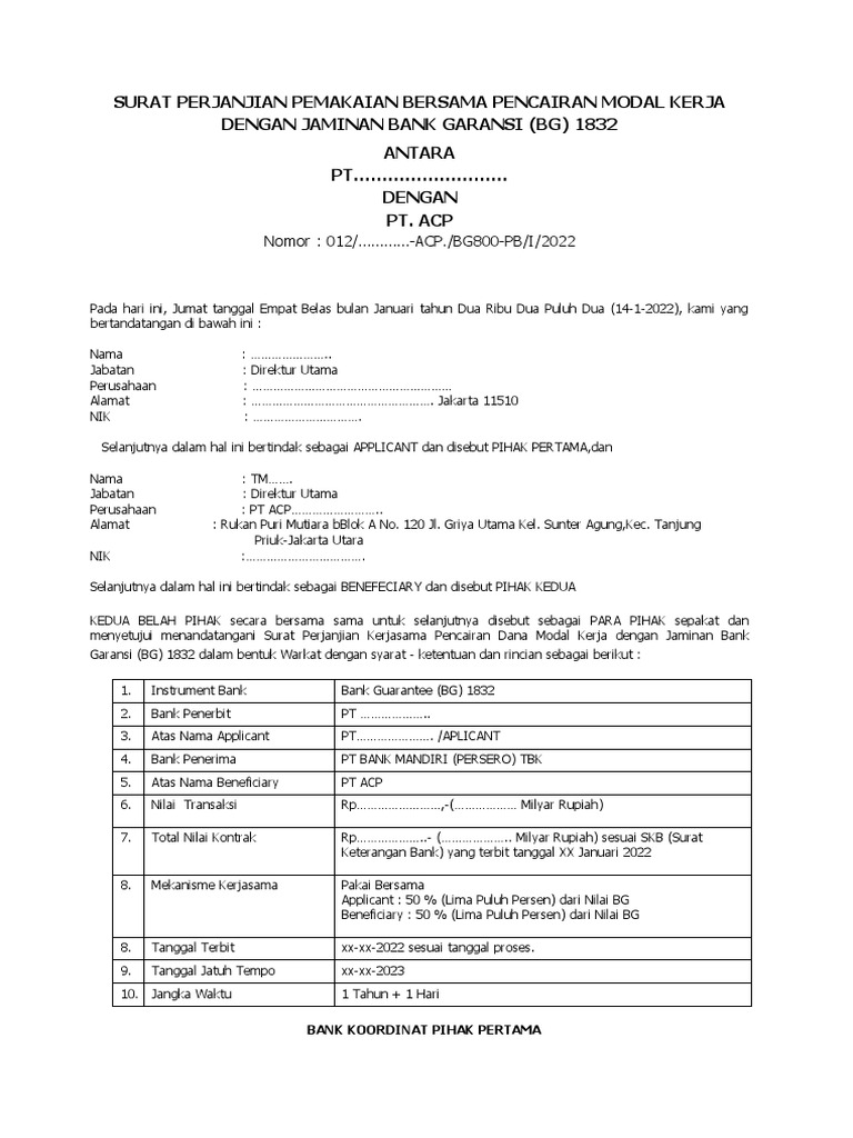 Kerjasama Pencairan Modal Kerja dengan Jaminan BG 1832 | PDF