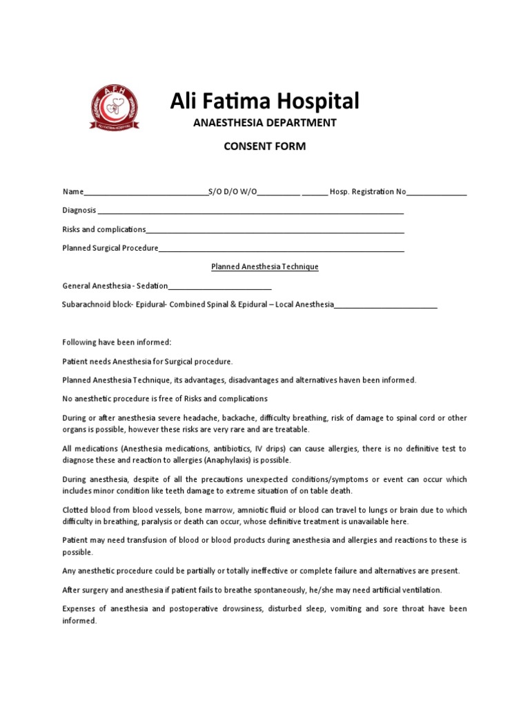 Ali Fatima Hospital: Anaesthesia Department Consent Form | PDF ...