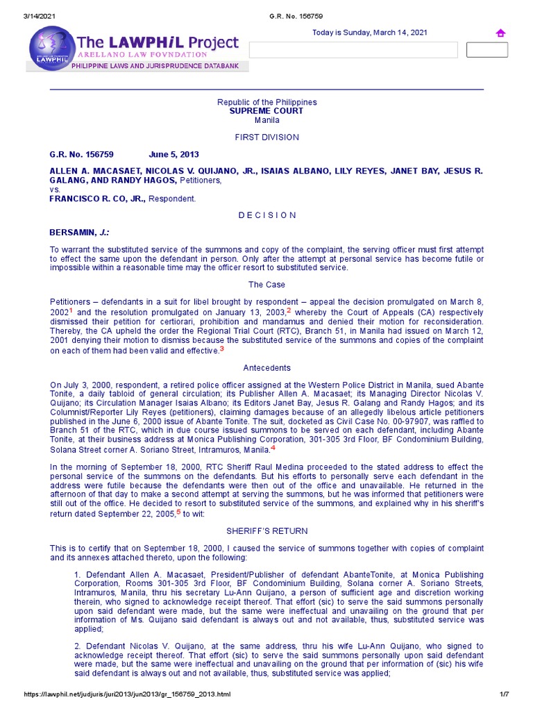 G.R. No. 156759 Macasaet Vs Co | PDF | In Rem Jurisdiction | Judgment (Law)