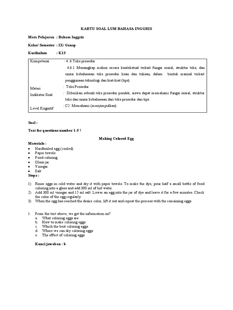 Kartu Soal Lum Bahasa Inggris | PDF