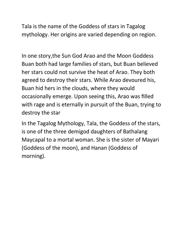 Tala Is The Name of The Goddess of Stars in Tagalog Mythology | PDF