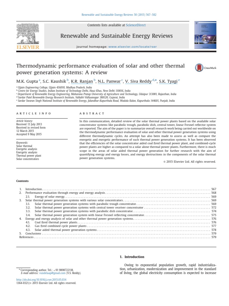 Thermodynamic Performance Evaluation of | PDF | Exergy | Solar Energy