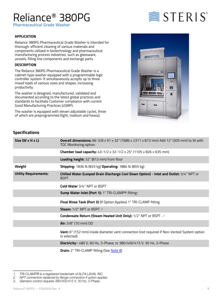 Reliance 380PG Pharmaceutical Grade Washer Technical Data | PDF ...